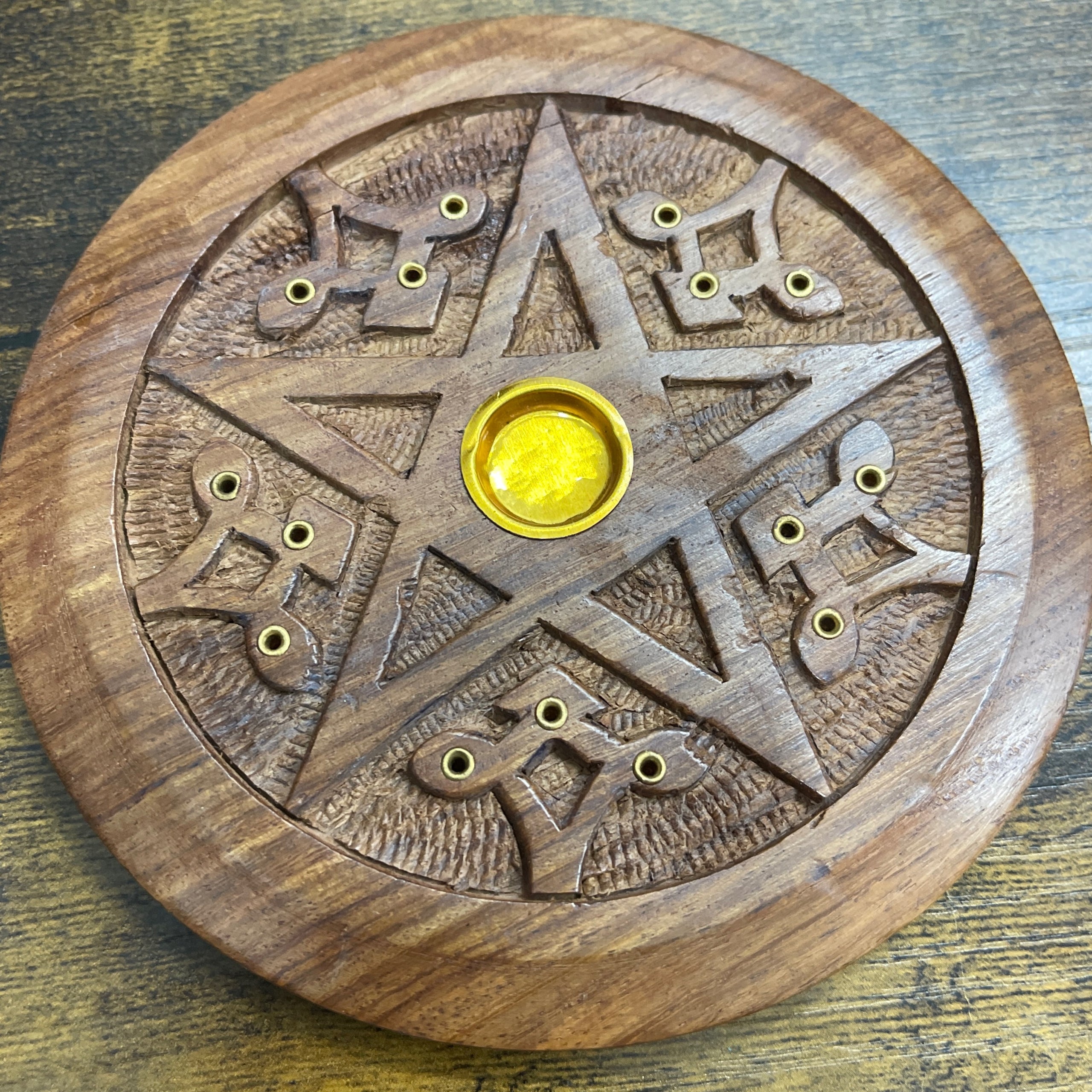 Wood Round Pentacle Incense Burner | MommaLuna